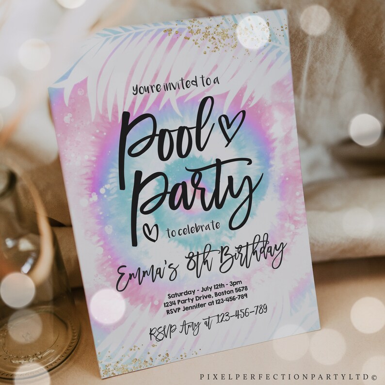 Editable Pool Party Invitation Girly Pink & Blue Tie Dye Pool | Etsy