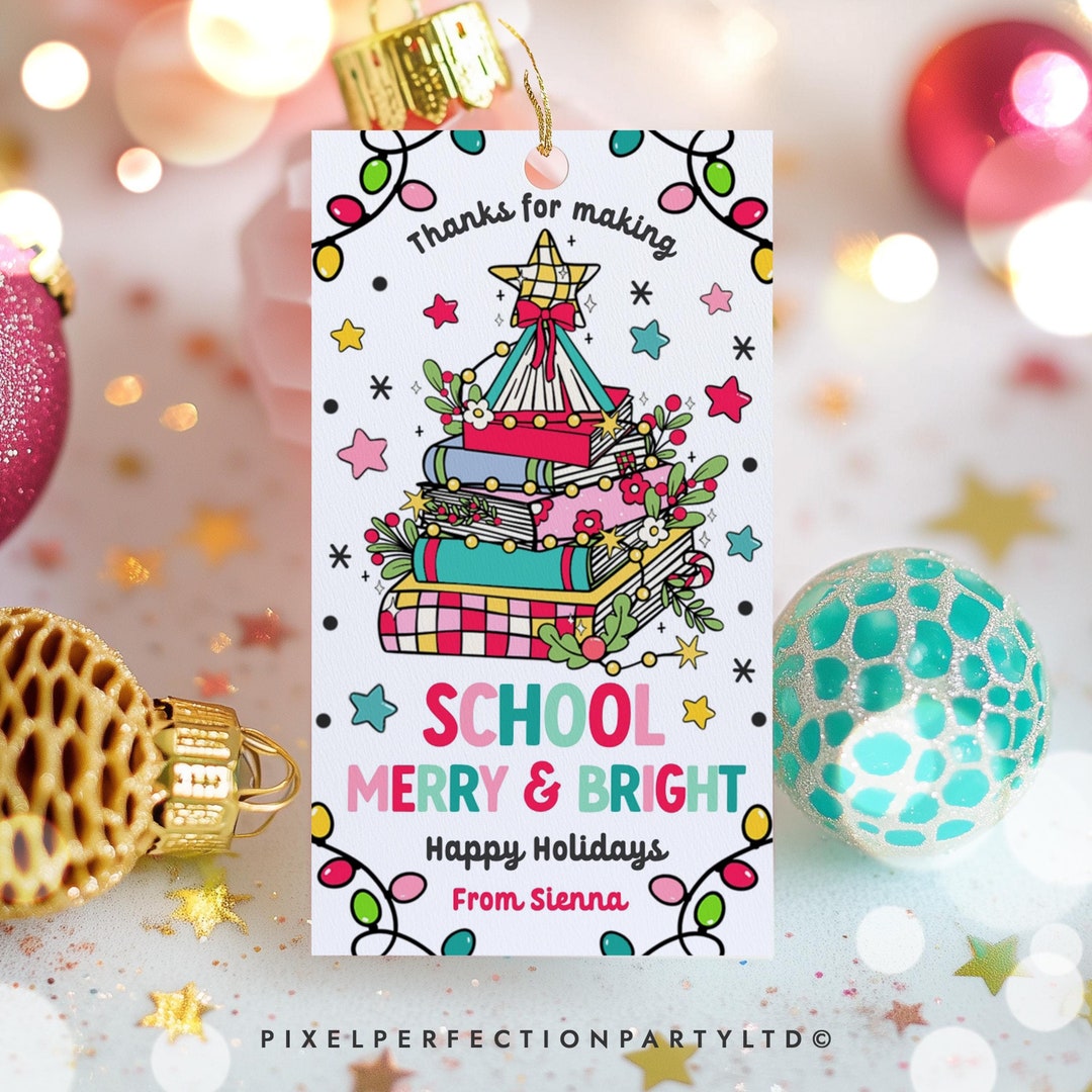 Editable School Merry and Bright Christmas Gift Tag Teacher Book Gift ...