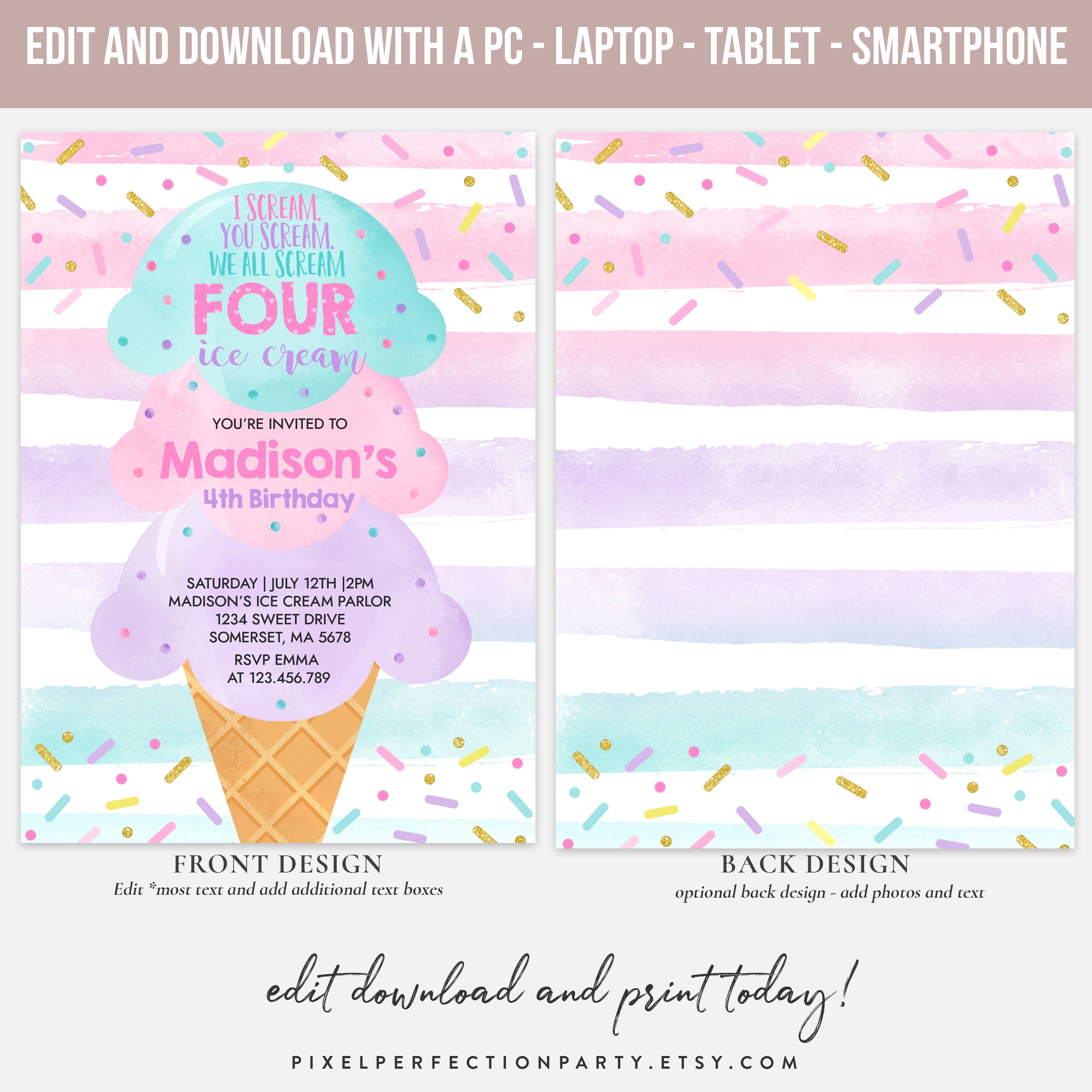 Editable Ice Cream Birthday Invitation I Scream You Scream We | Etsy