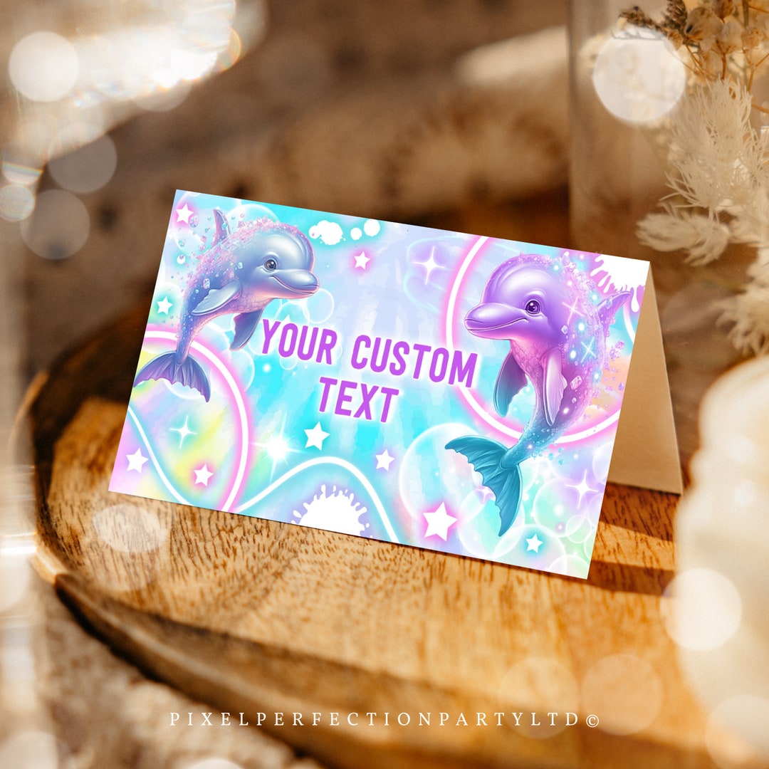 Editable Dolphin Birthday Party Tented Food Labels Tie Dye Neon Glow ...