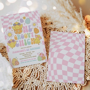 Editable One Groovy Chick 1st Birthday Party Invitation Spring Chicken ...