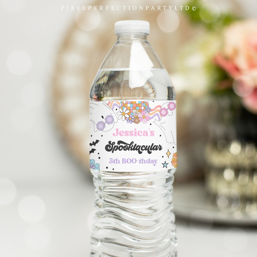 Editable Spooky Halloween Ghost Birthday Party Water Labels Groovy ...