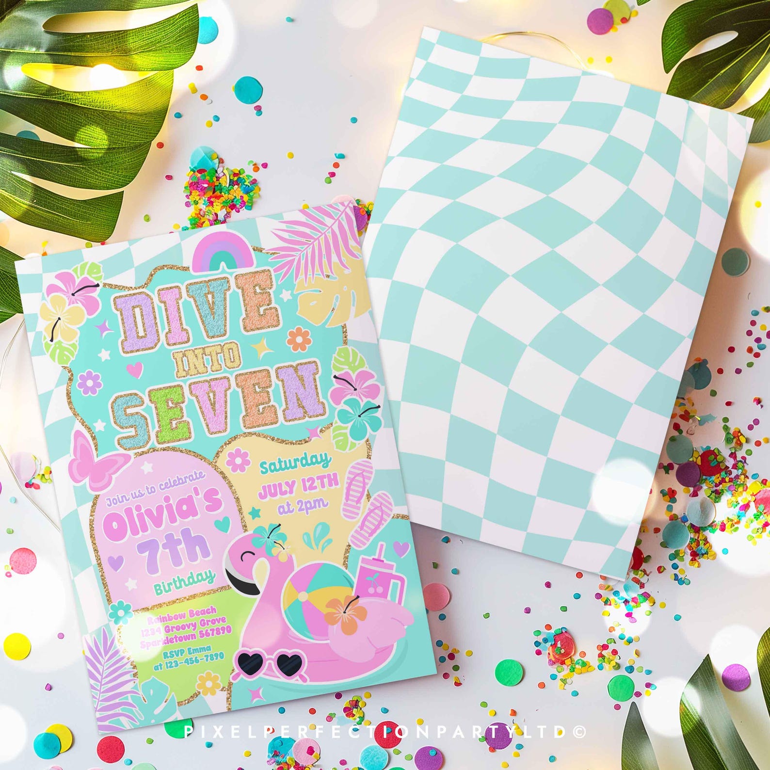 Editable Preppy 7th Birthday Pool Party Invitation Varsity Girl Fashion ...