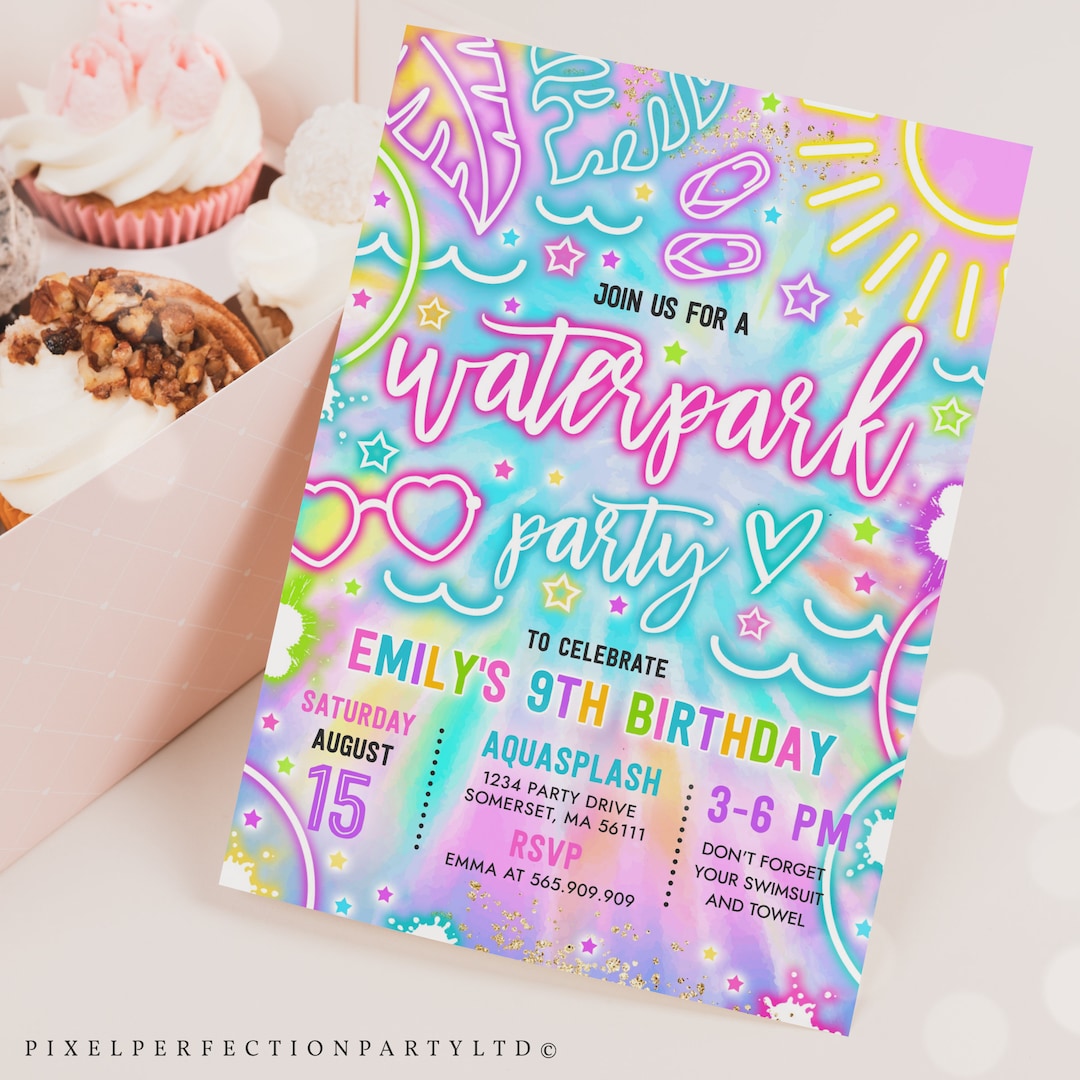Editable Water Park Birthday Party Invitation Glow Neon Tie Dye Summer ...