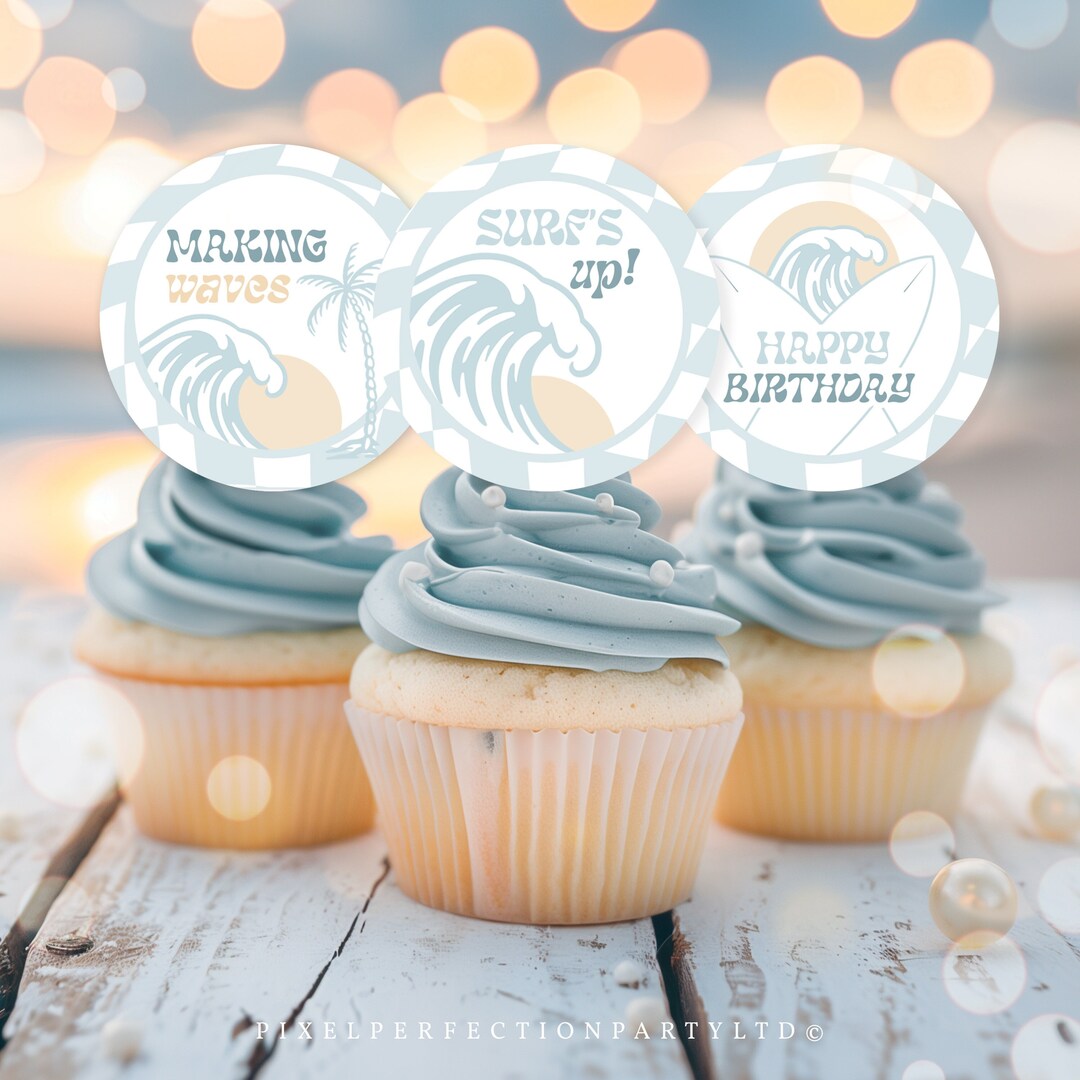 Surfing Surf Cupcake Toppers Modern Checkered Surfboard Birthday ...
