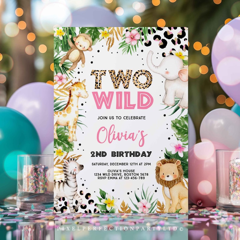 Editable Two Wild Leopard Print Safari Animals Birthday Party ...