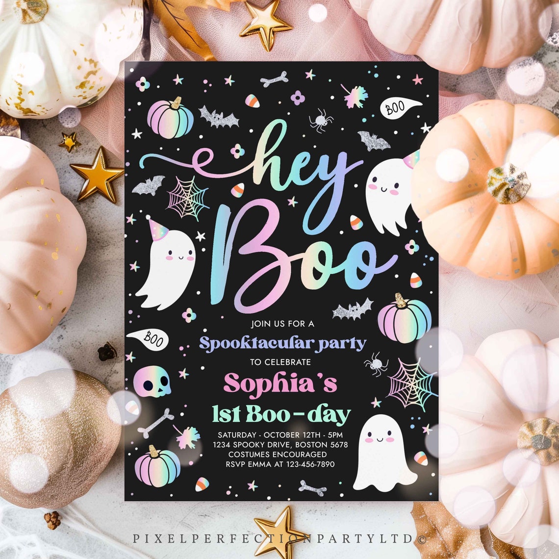 Editable Halloween Pastel Ghost Birthday Invitation Hey Boo Girly Cute ...