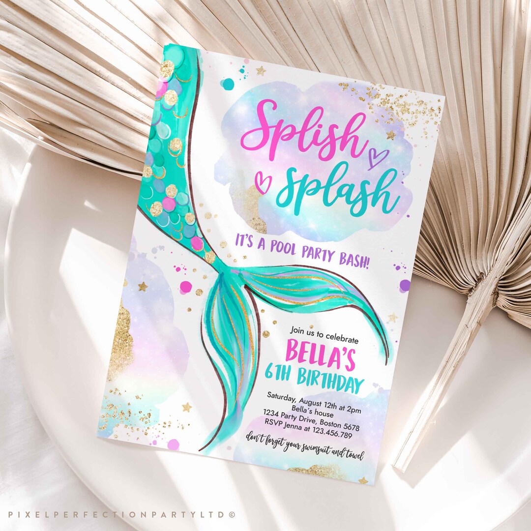 Editable Mermaid Birthday Invitation Mermaid Pool Party Invitation Pink ...