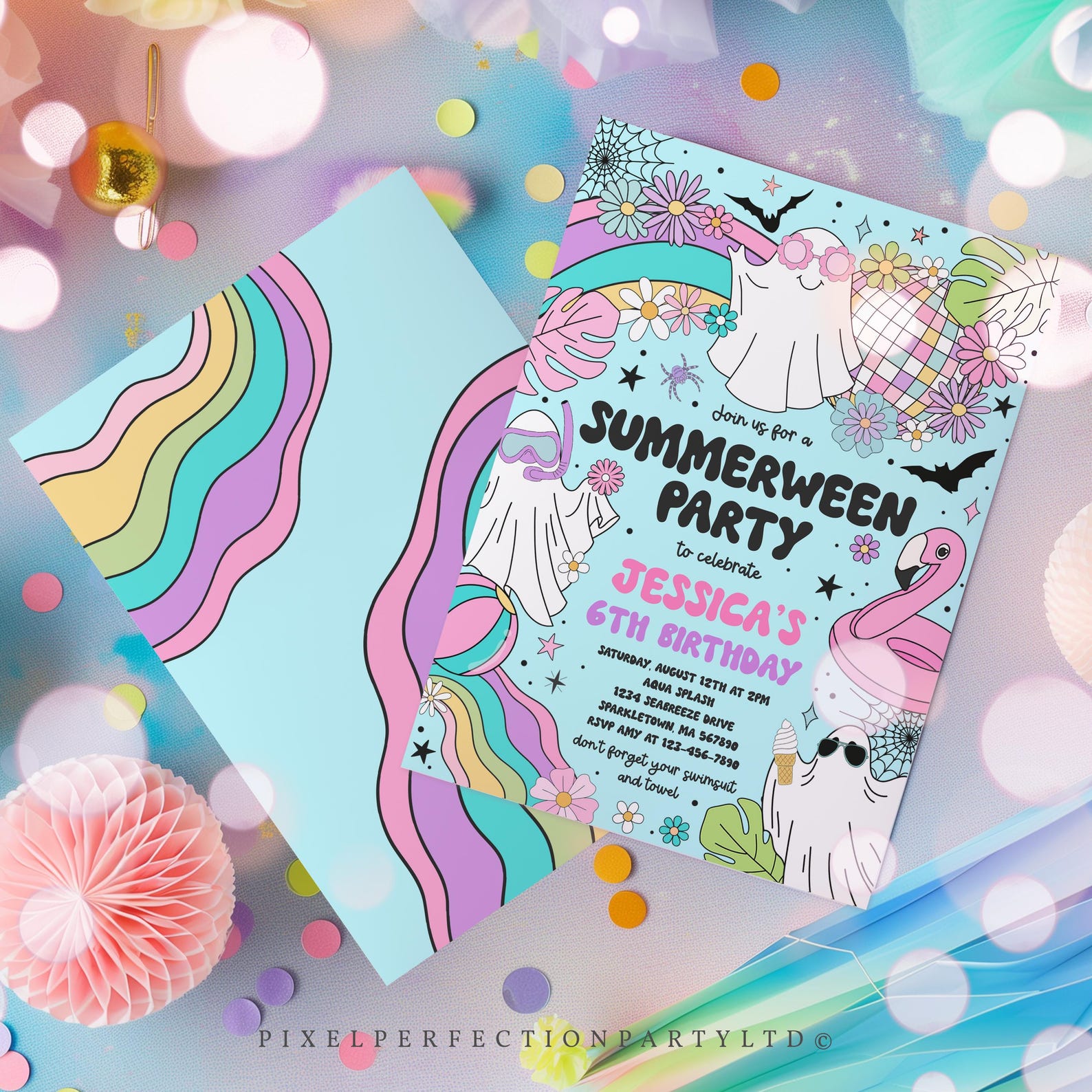 Editable Summerween Birthday Party Invitation Summer Halloween Ghost ...