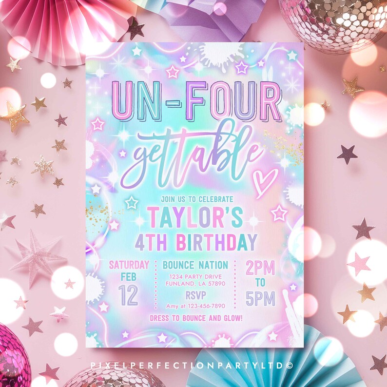 Editable Un-four-gettable Birthday Party Invitation Neon Glow 4th ...
