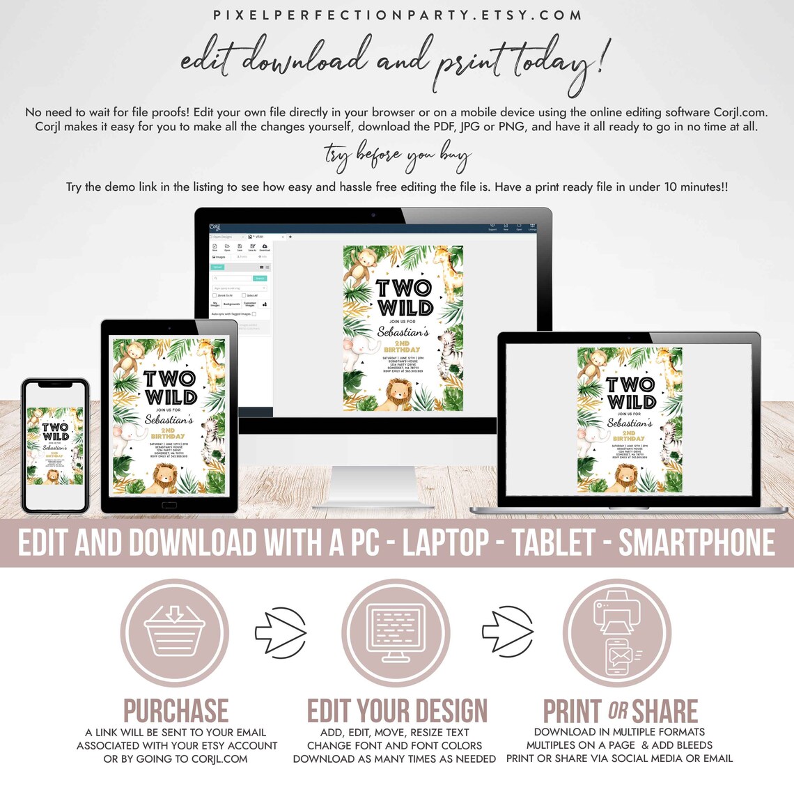 Two Wild Birthday Invitation Jungle Safari Animals Invitation - Etsy