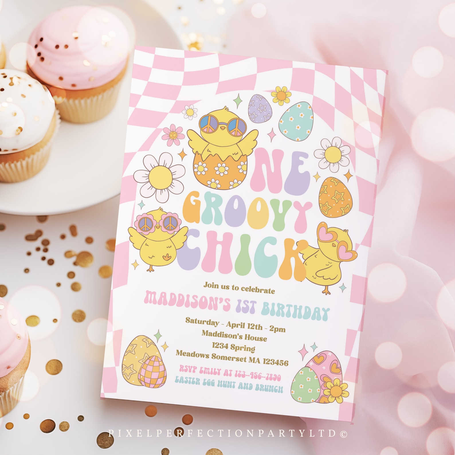 Editable One Groovy Chick 1st Birthday Party Invitation Spring Chicken ...