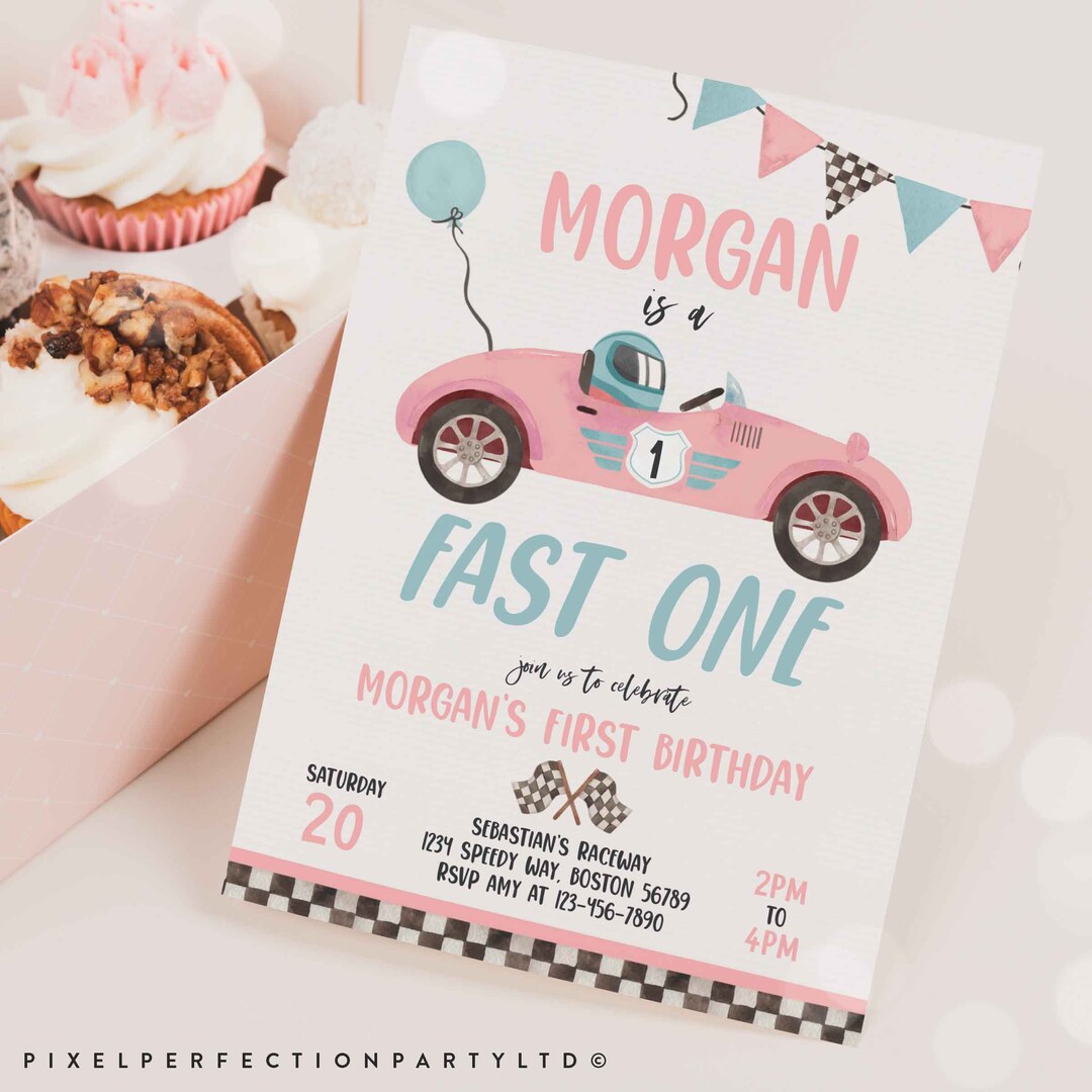 Editable Fast One Race Car 1st Birthday Invitation Race Car Fast One ...