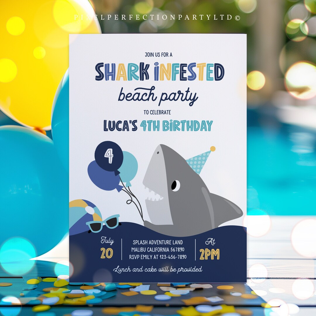 Editable Shark Birthday Party Invitation Shark Beach Party Invitation ...