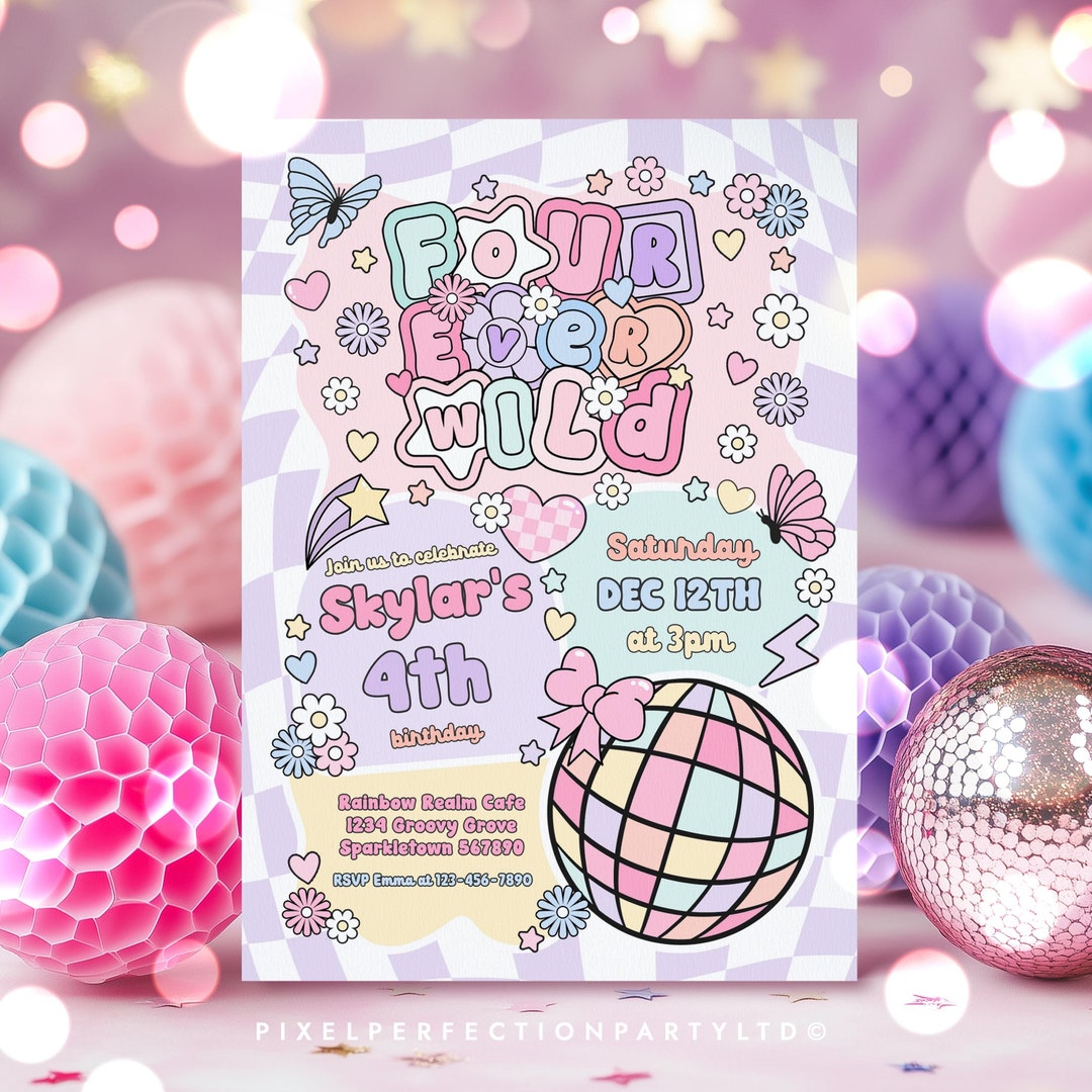 Editable Four Ever Wild Preppy Birthday Party Invitation Y2K Retro ...