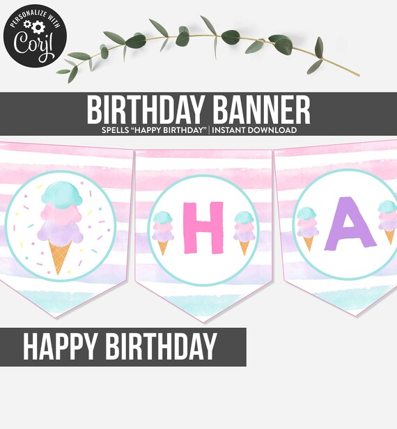 Editable Ice Cream Happy Birthday Banner Sprinkle Birthday Banner Fully ...