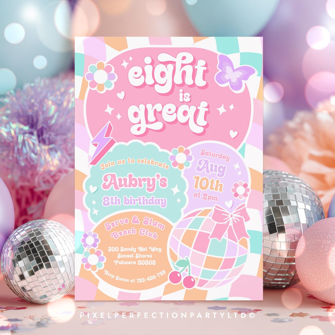 Editable Eight is Great Birthday Party Invitation Groovy 8th Birthday ...