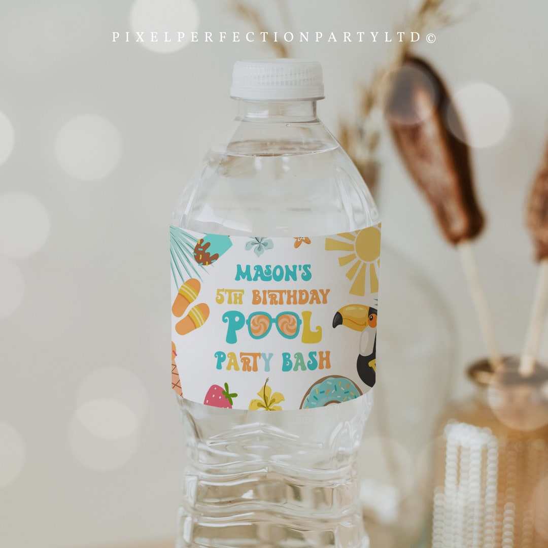 Editable Pool Party Water Bottle Labels Tropical Toucan Pool Float Pool ...
