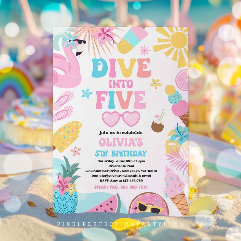 Editable Dive Into Five 5th Birthday Party Invitation Tropical Summer ...