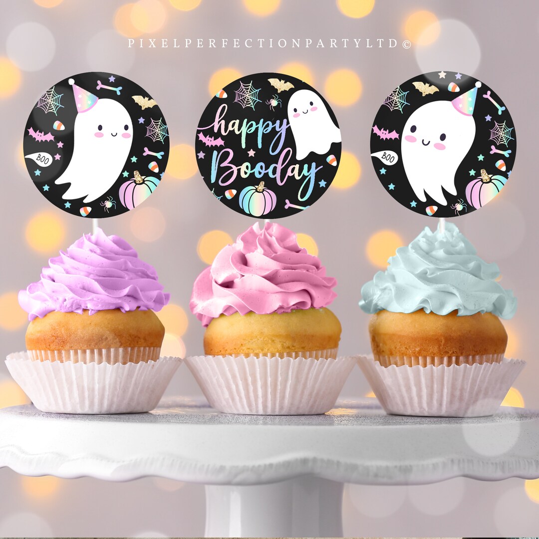 Halloween Ghost Cupcake Toppers Pink Ghost Spooky One Two Spooky Any ...