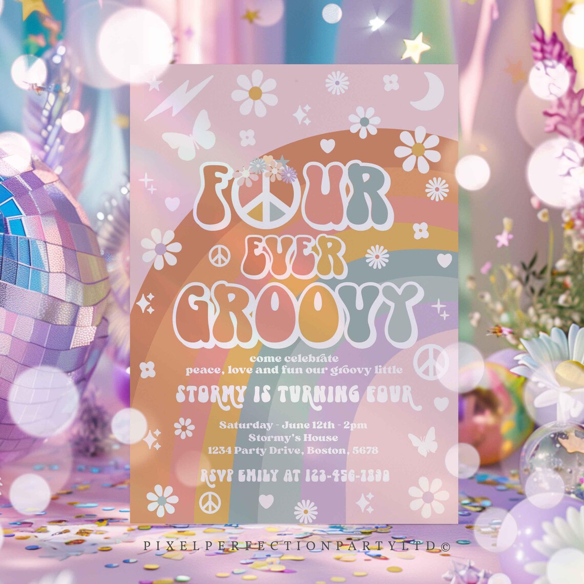 Editable Four Ever Groovy Birthday Party Invitation Peace Love Party ...
