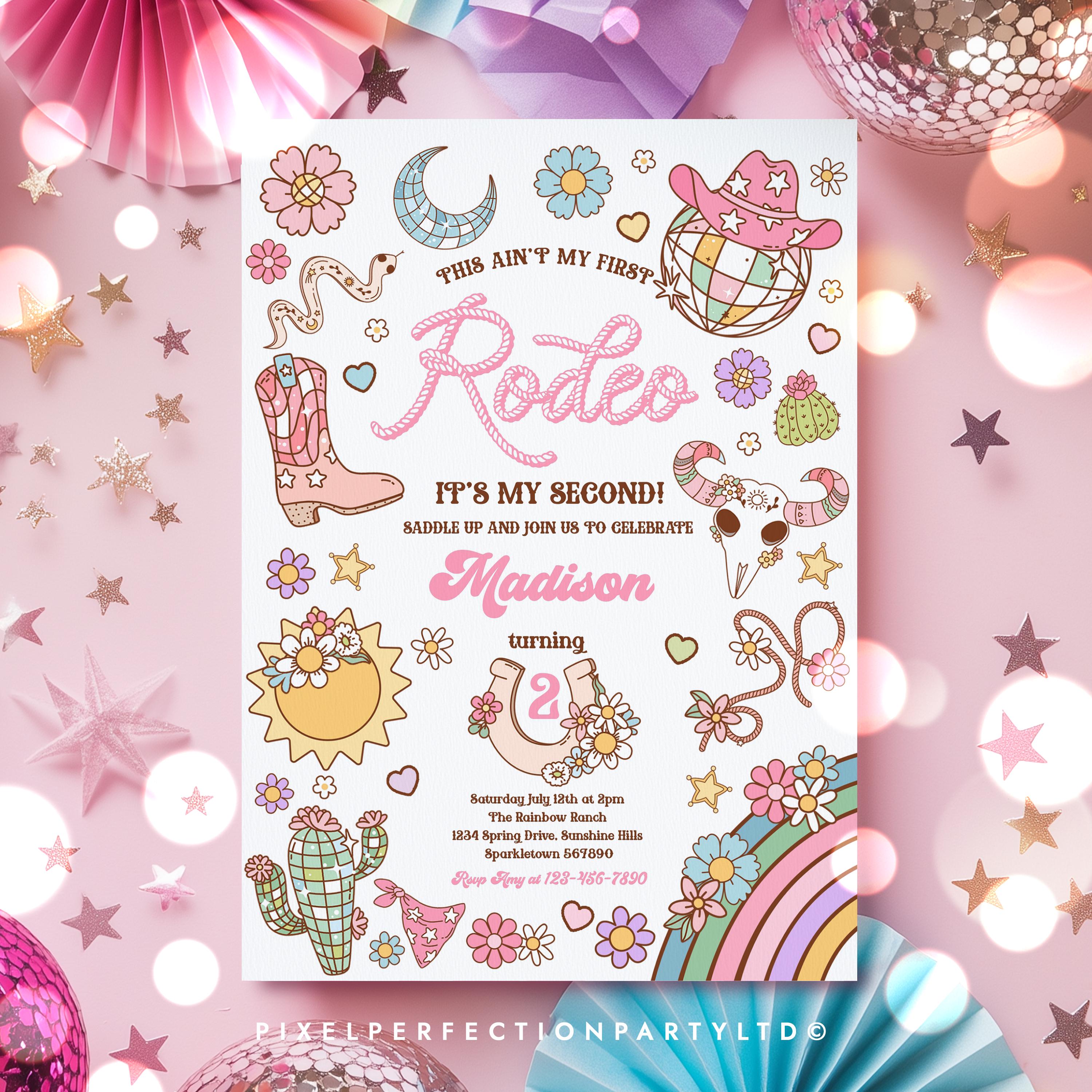 Editable Second Rodeo Cowgirl Birthday Party Invitation Pink Disco ...