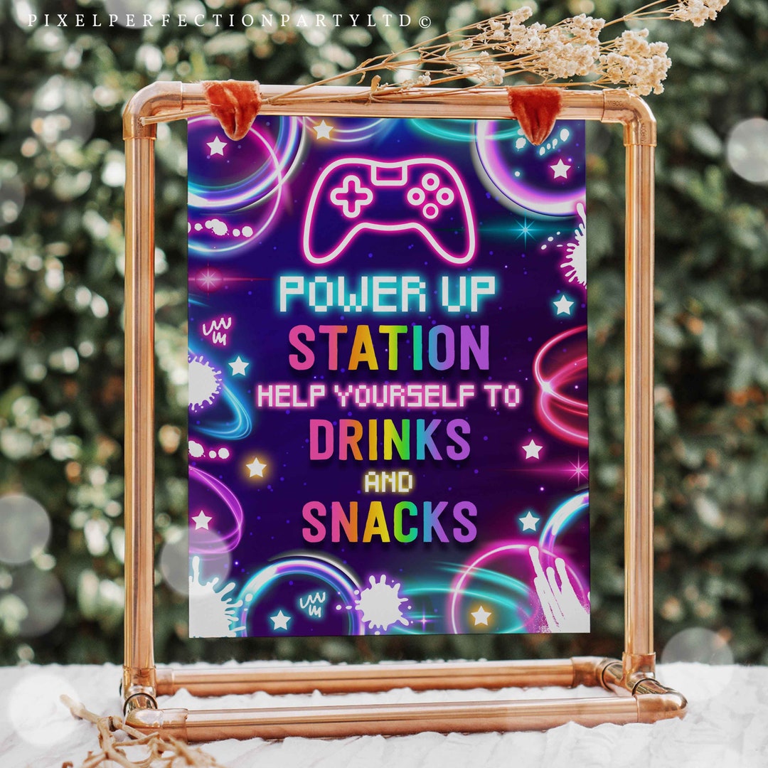 Video Game Power up Station Party Sign Neon Gamer Birthday Game on ...