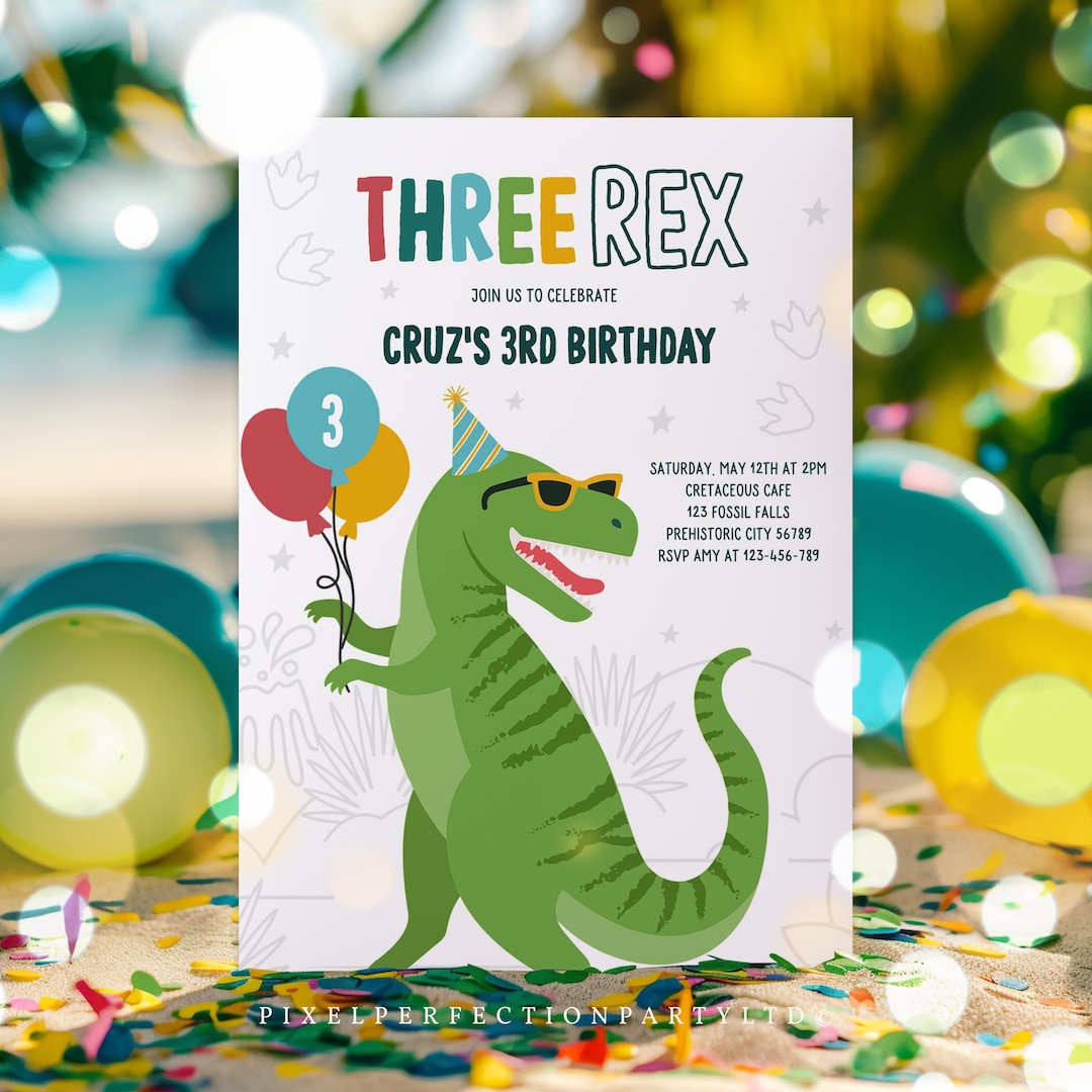 Editable Three Rex Dinosaur Birthday Party Invitation Boy T-rex ...