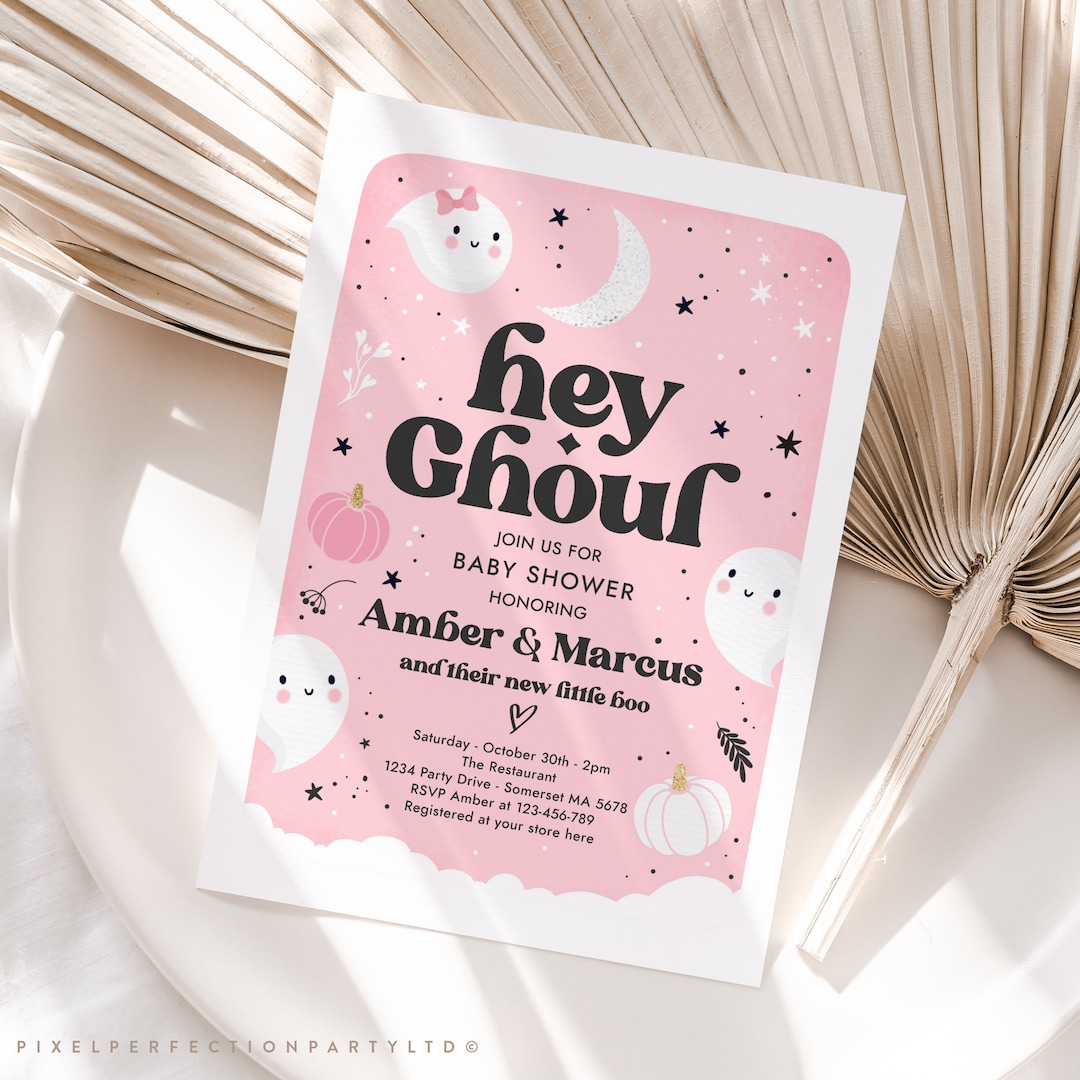 Editable Girl Ghost Baby Shower Invitation Hey Ghoul Cute Pink Ghost ...