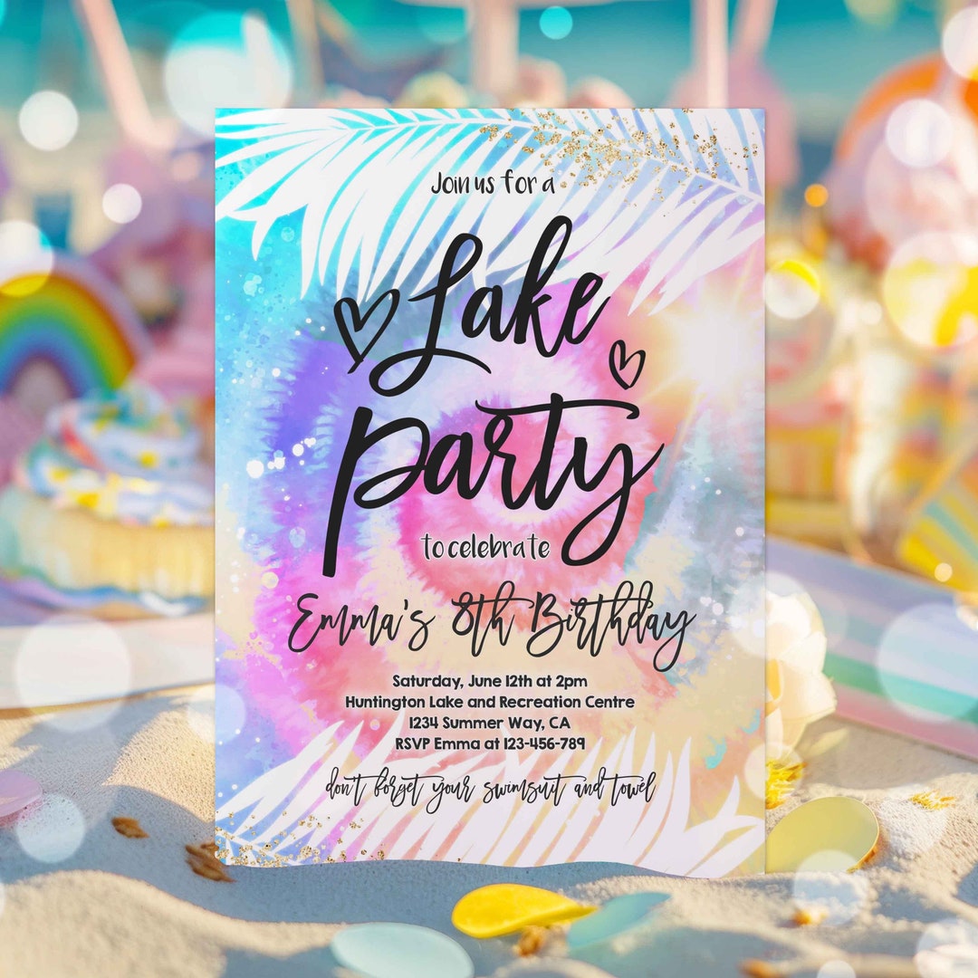 Editable Lake Party Invitation Girly Tie Dye Lake Birthday Party ...
