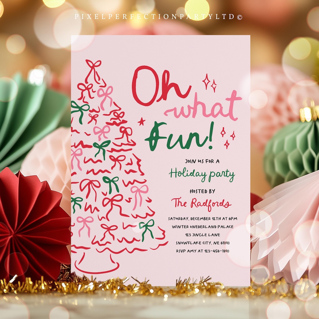 Editable Oh What Fun Christmas Party Invitation Pink & Red Christmas ...