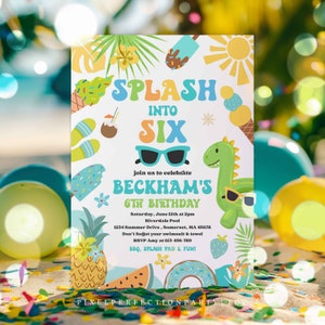 Editable Splash Into Six 6th Birthday Pool Party Invitation Tropical ...