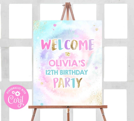 Editable Pastel Tie Dye Birthday Welcome Sign Hippie Birthday Welcome ...