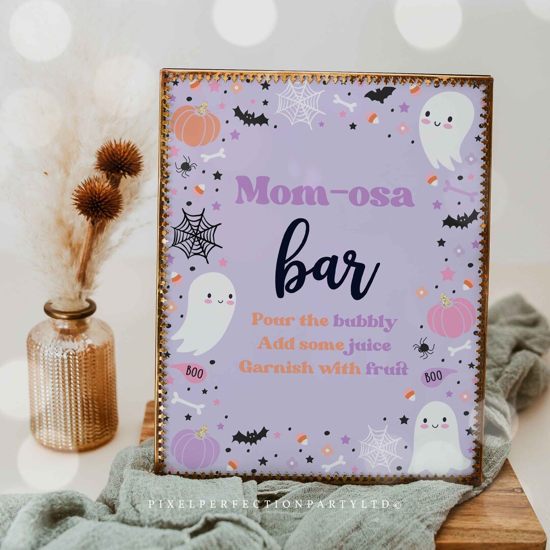 Little Boo Baby Shower Mom-osa Bar Sign Halloween Girl Purple Cute ...