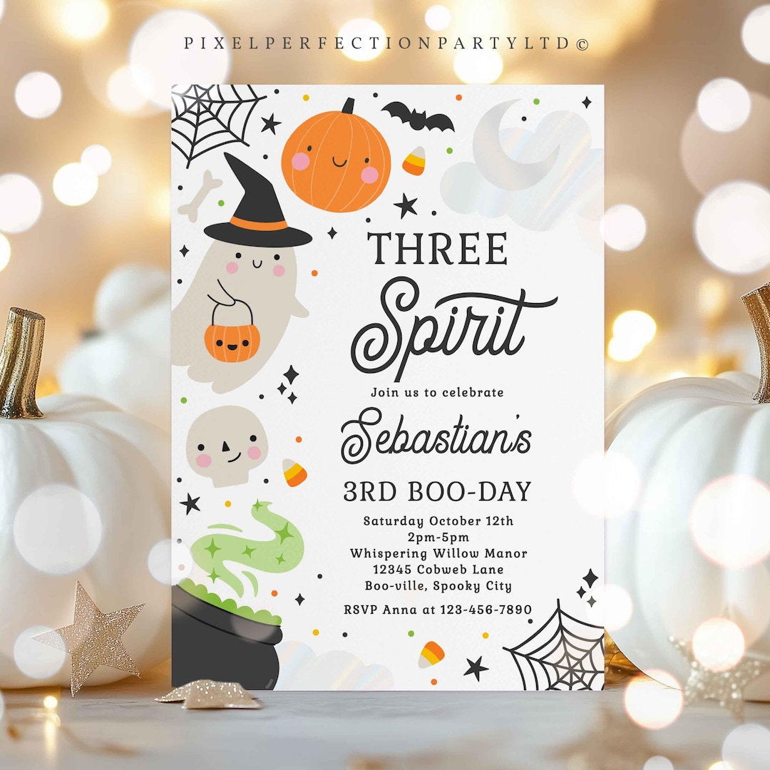 Editable Three Spirit Halloween Ghost 3rd Birthday Party Invitation ...