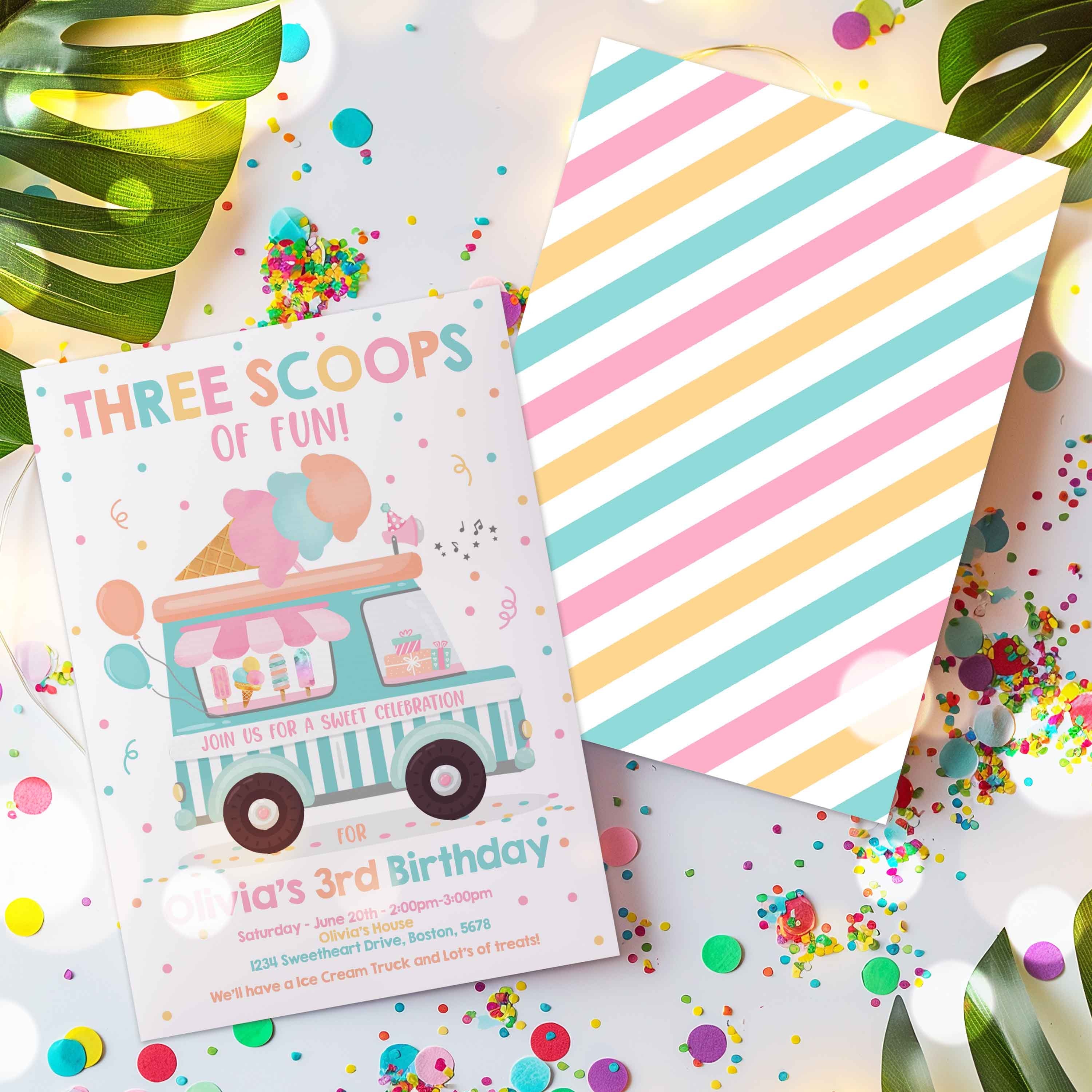 Editable Ice Cream Truck Three Scoops of Fun 3rd Birthday Party ...