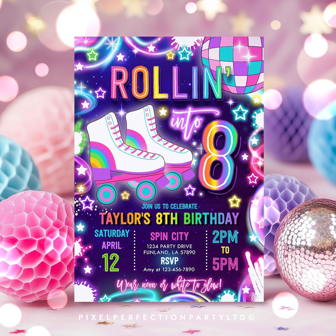 Editable Roller Skating 8th Birthday Party Invitation Rollin' Into ...