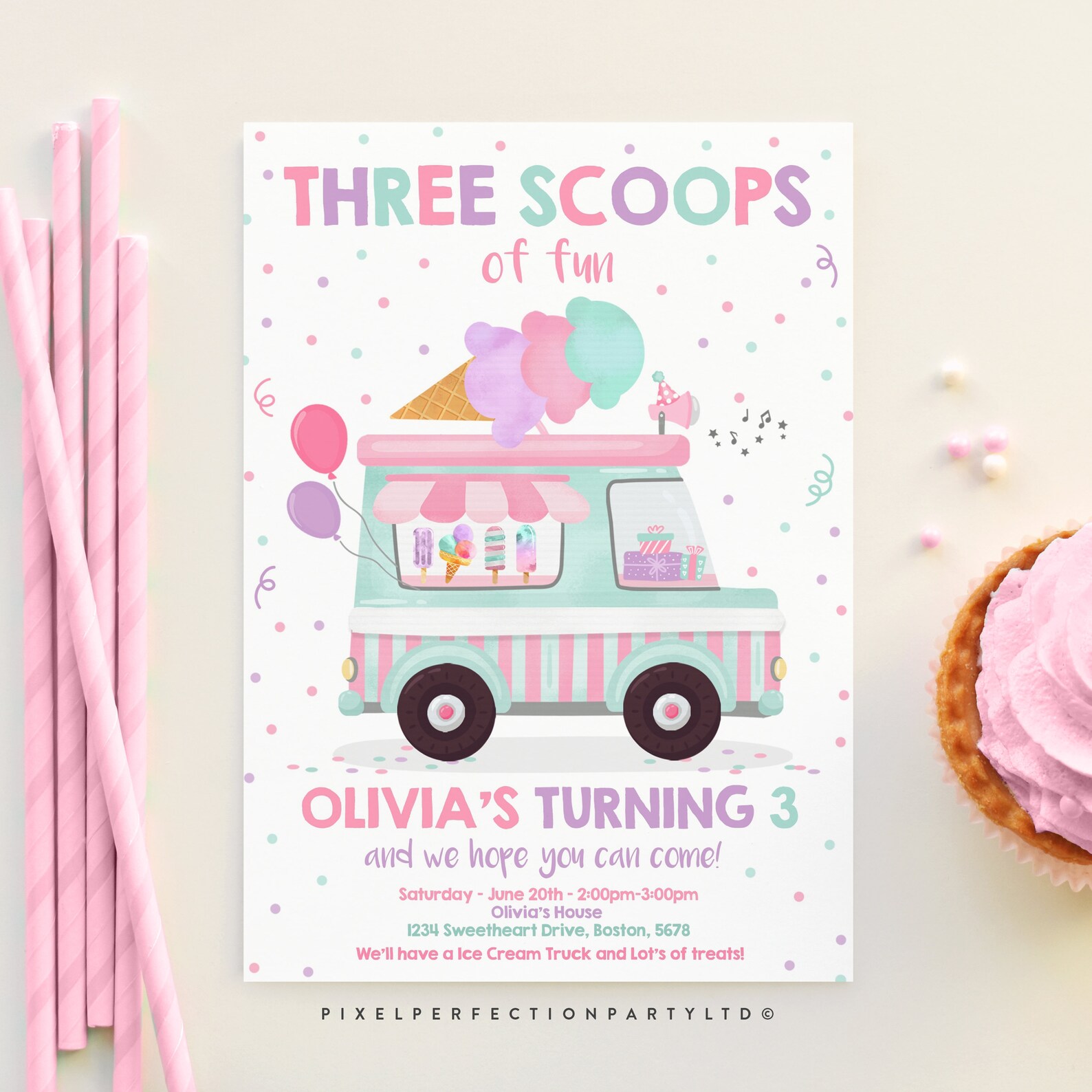 Editable Ice Cream Truck Three Scoops of Fun 3rd Birthday - Etsy