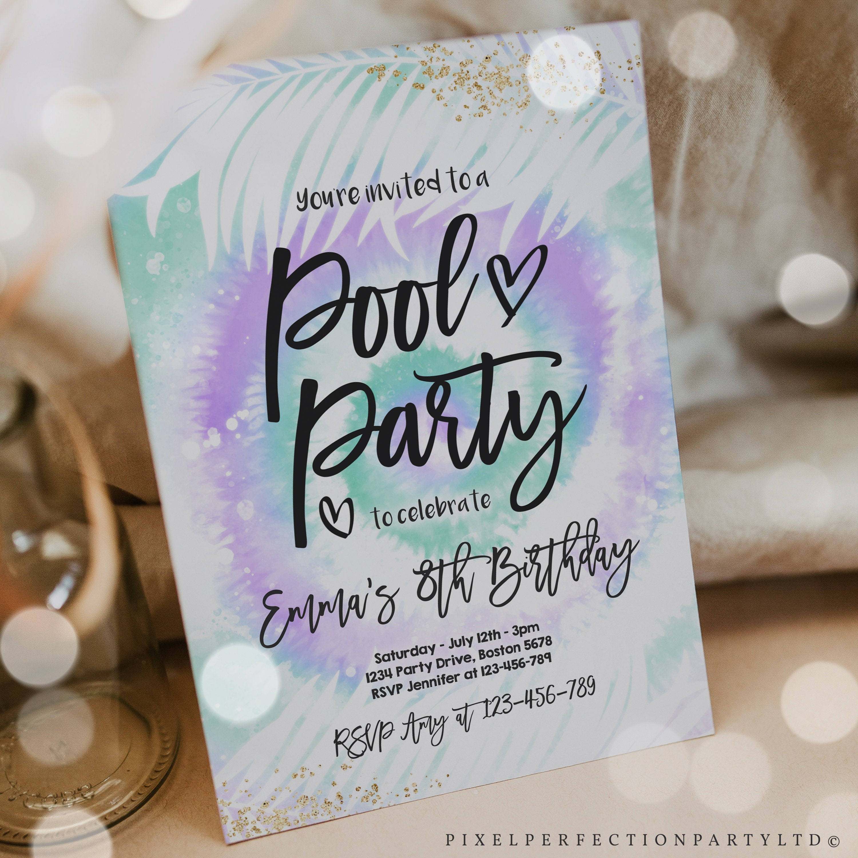 Editable Pool Party Invitation Girly Purple & Blue Tie Dye - Etsy UK