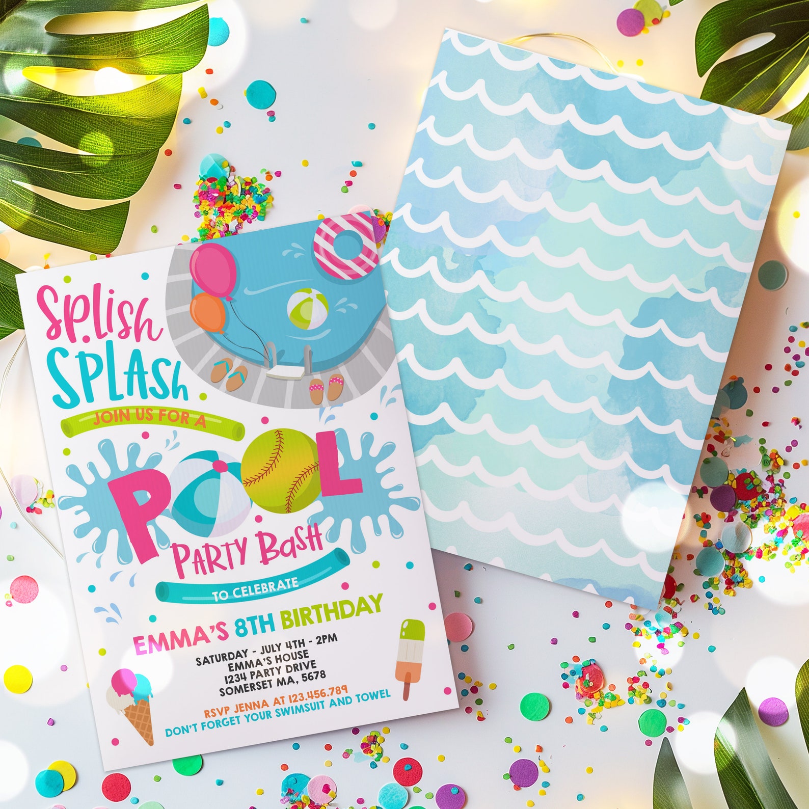 Editable Softball Pool Party Birthday Invitation Girl Summer Softball ...