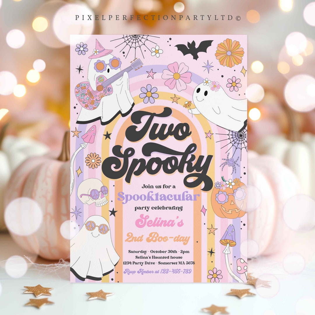 Editable Two Spooky Halloween Ghost 2nd Birthday Invitation Retro ...