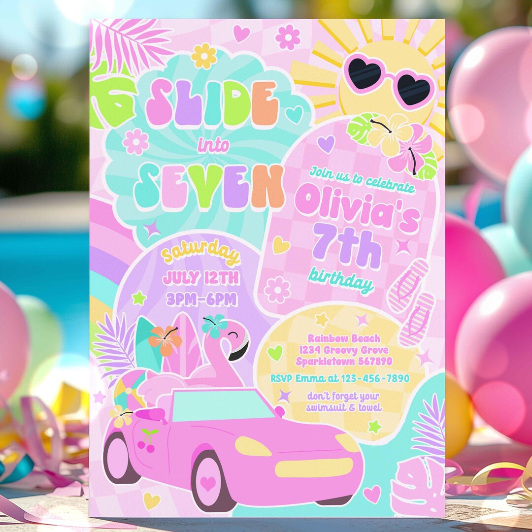 Editable Slide Into Seven Malibu Beach Pink Girly Pool Party Invitation ...