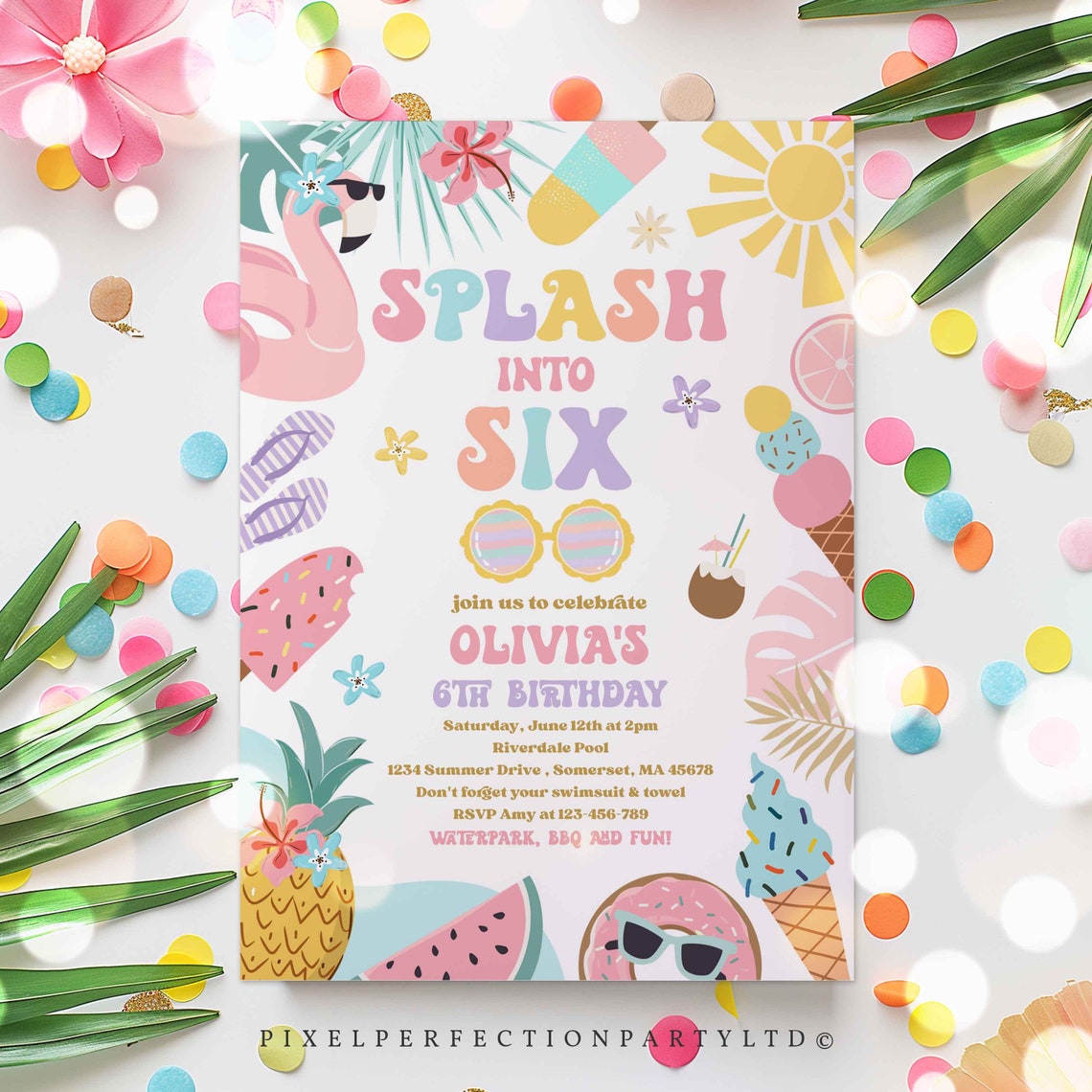 Editable Splash Into Six 6th Birthday Pool Party Invitation Tropical ...