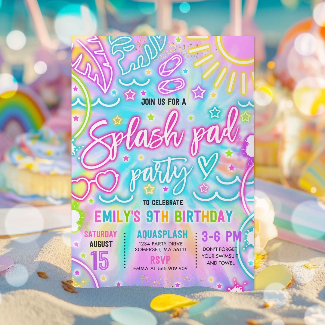 Editable Splash Pad Birthday Party Invitation Glow Neon Tie Dye Summer ...