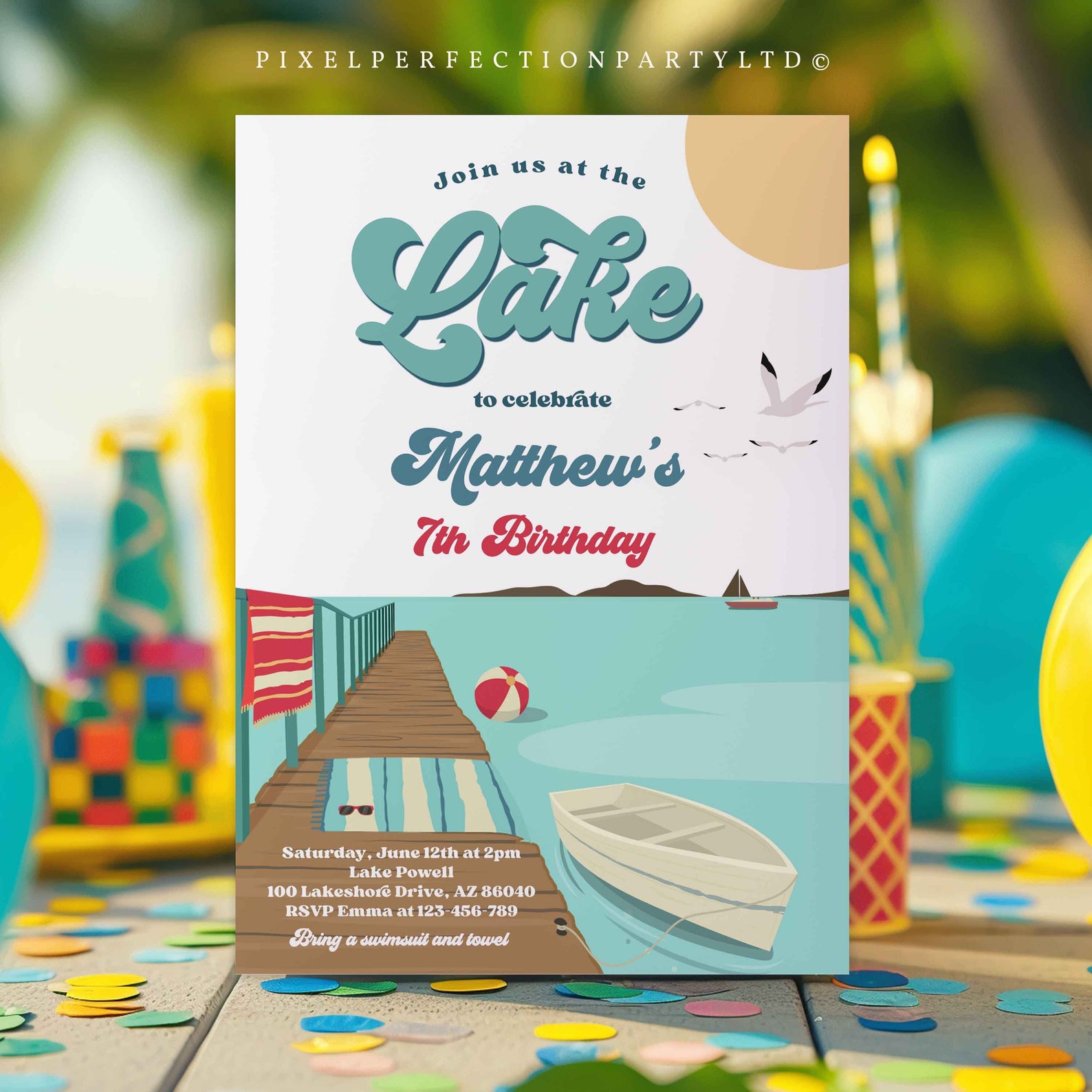 Editable Lake Birthday Party Invitation Boat Lake Birthday Party Summer ...