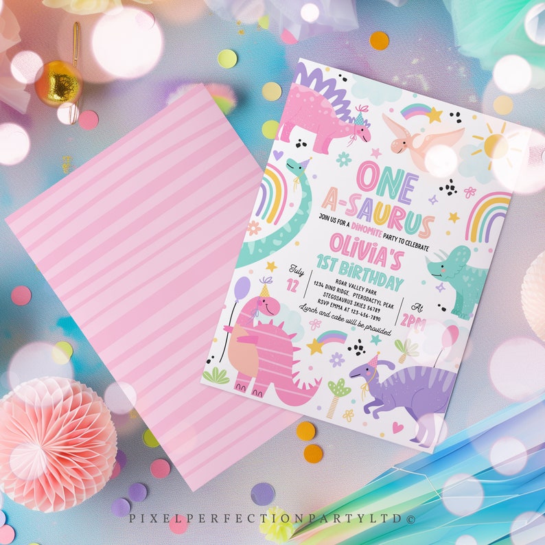 Editable One-a-saurus Dinosaur 1st Birthday Party Invitation Pink T-rex Dinosaur 1st Birthday ...