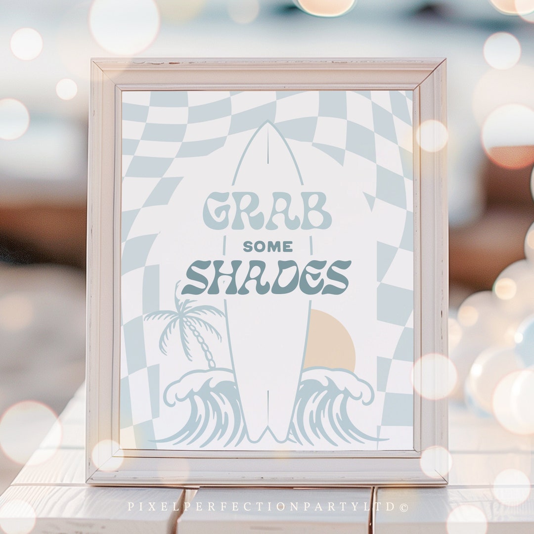 Surfing Surf Grab Some Shades Sign Modern Checkered Surfboard Birthday ...