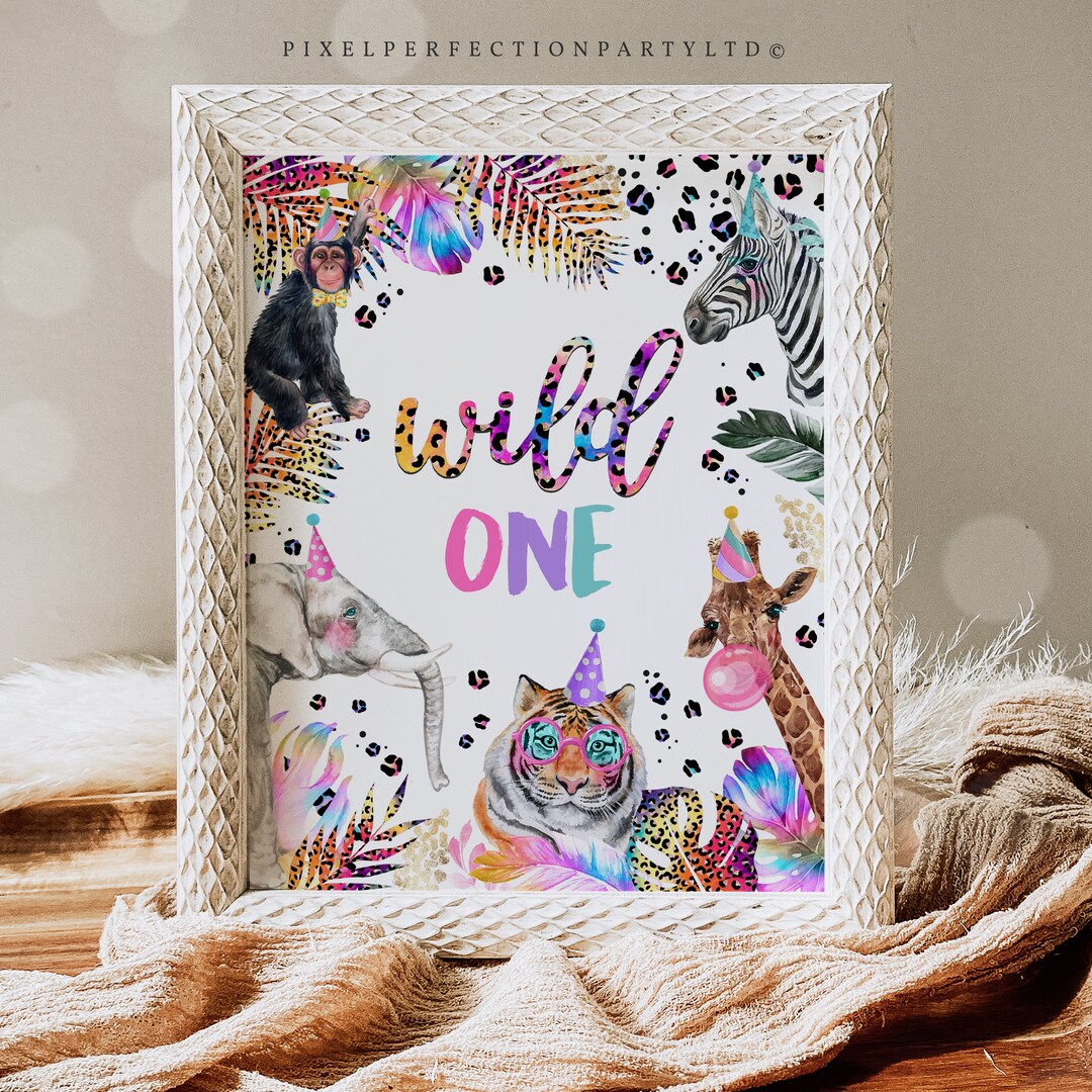 Safari Animals Wild One Birthday Party Table Sign Rainbow Leopard Print ...