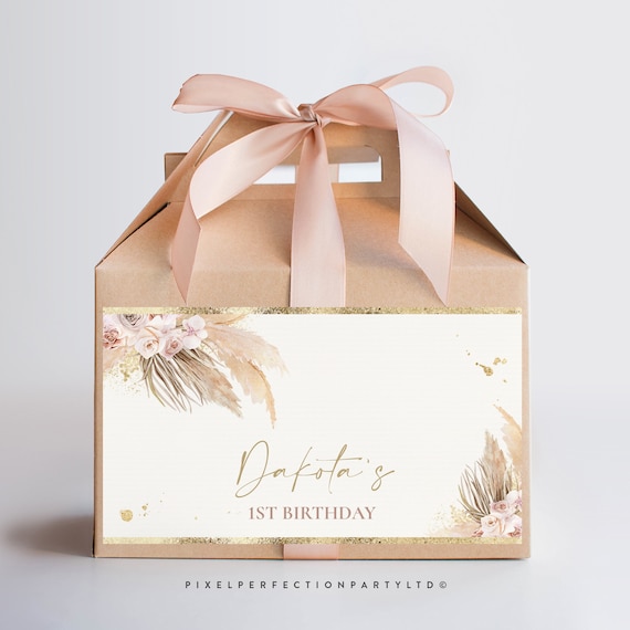 Editable Boho 1st Birthday Gable Box Favor Labels Bohemian Pampas Grass ...