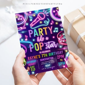 Editable Pop Star Birthday Party Invitation Neon Glow Party Like A ...